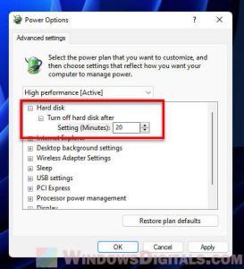 "Turn off hard disk after: (minutes)" setting in Windows 11