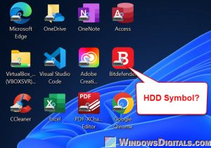 Why is there hard drive symbol on my desktop icons?